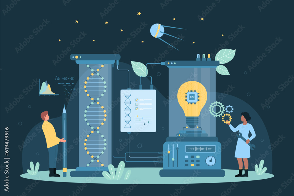 Cartoon tiny people research light bulb with circuit inside and DNA ...