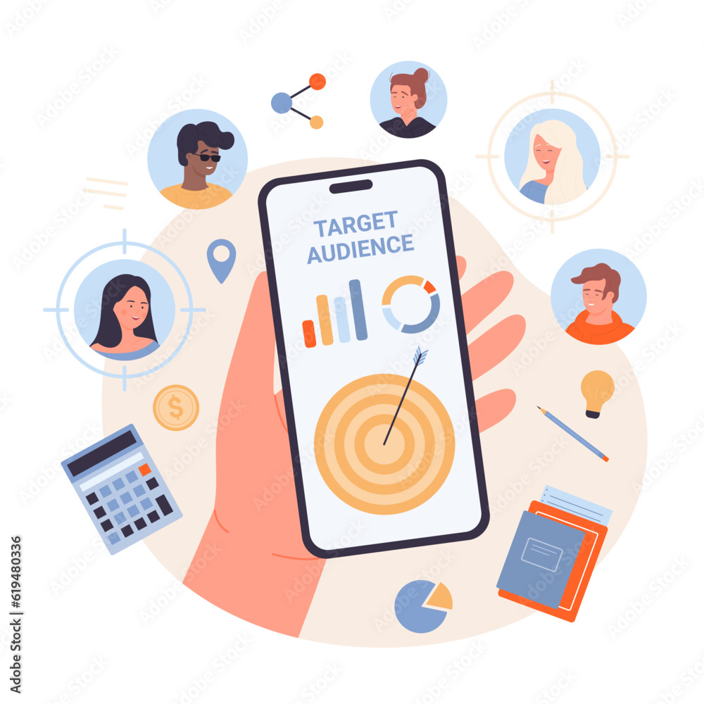 Target audience research and analytics vector illustration. Cartoon ...