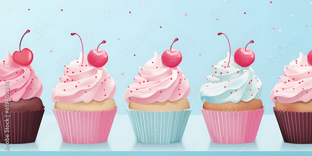 Set of cupcakes. Cupcake assortment sketch on light blue background for ...
