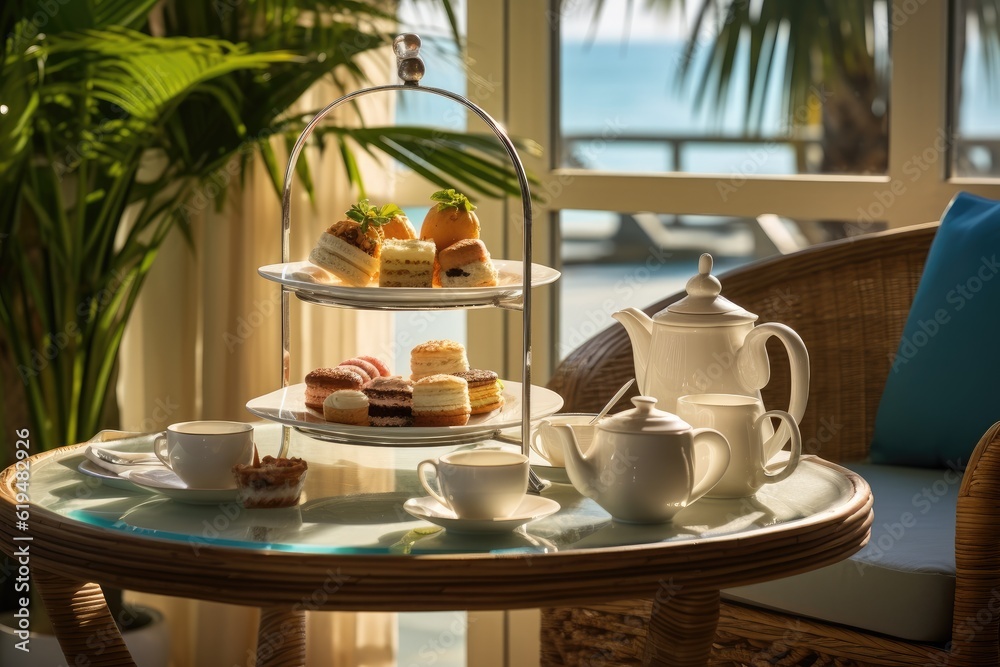 Afternoon tea set at the beach with cake,bakery,pastry and dessert ...