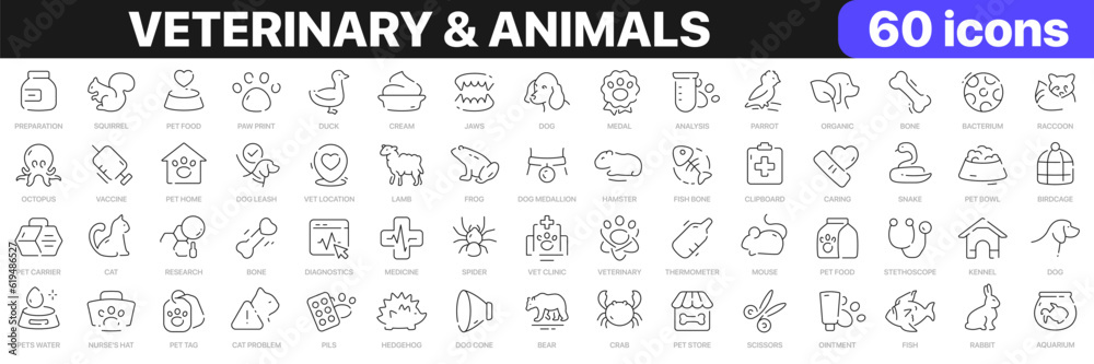 Veterinary and animals line icons collection. Medicine, pets, hospital ...