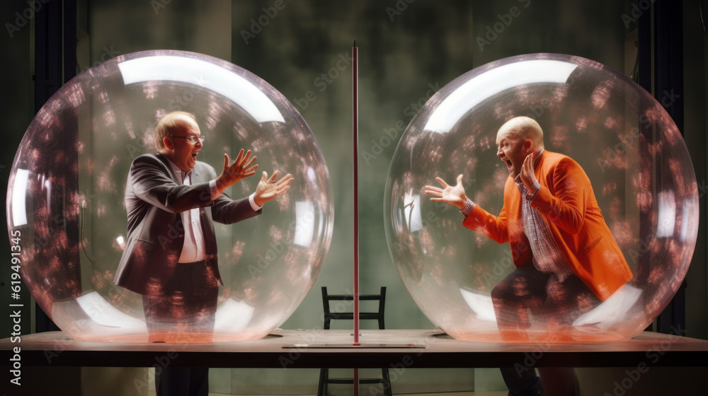 person and bubbles, 2 people in glass sphere yelling at each other ...