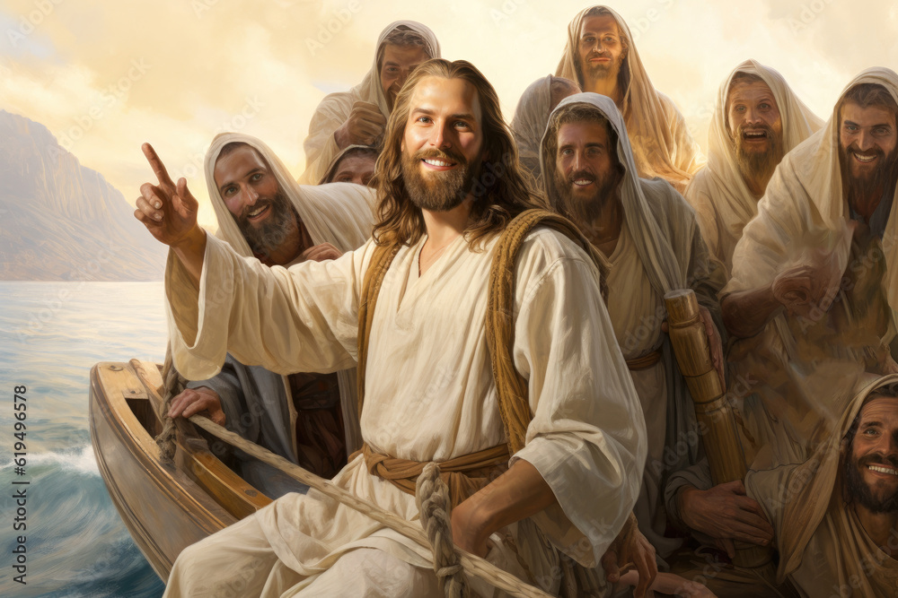 Selfie of Jesus Christ accompanied by the apostles on a boat on the Sea ...