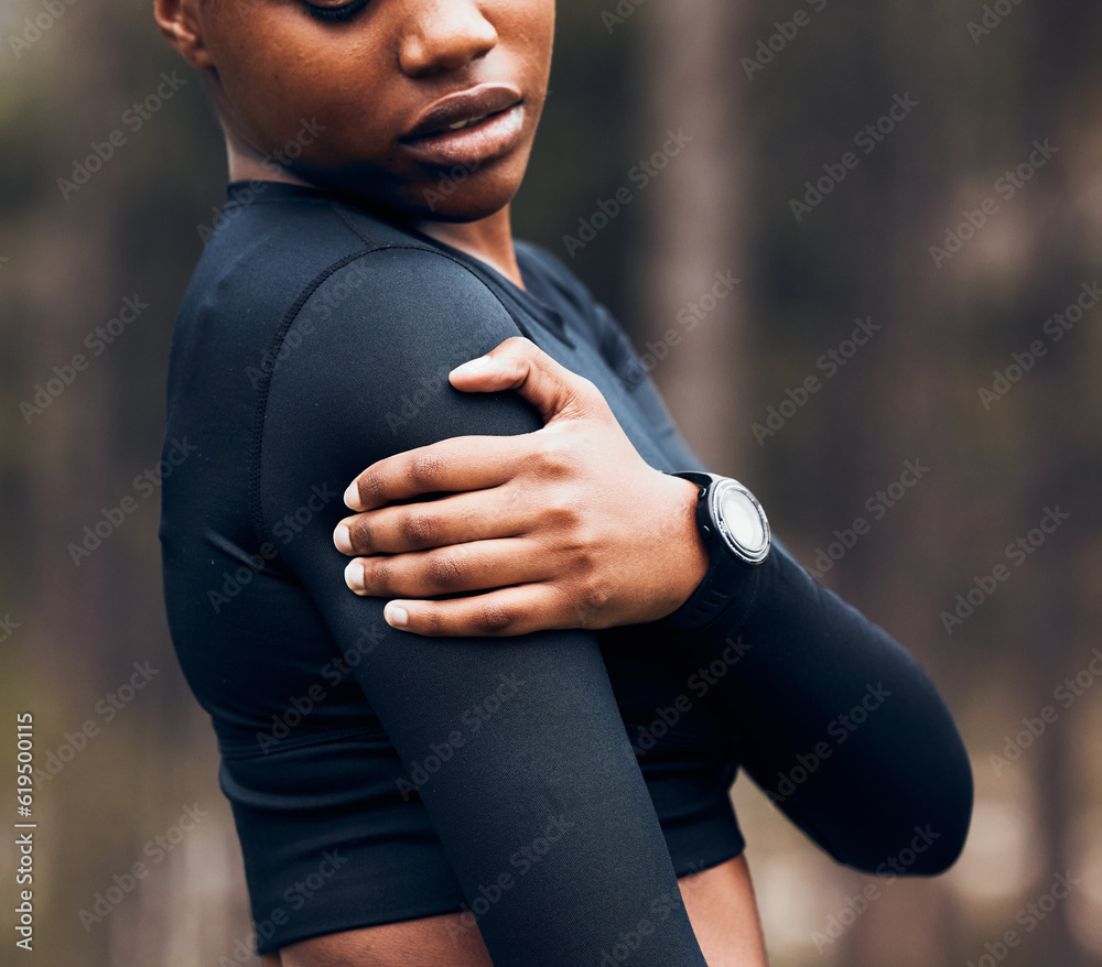 Shoulder pain, fitness and sports woman outdoor for health risk, bruise ...