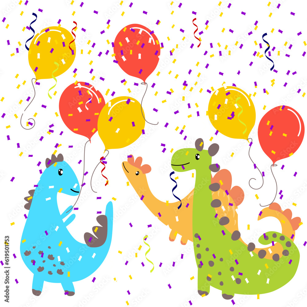 Dinosaur cartoon party card decoration. Happy birthday new year ...
