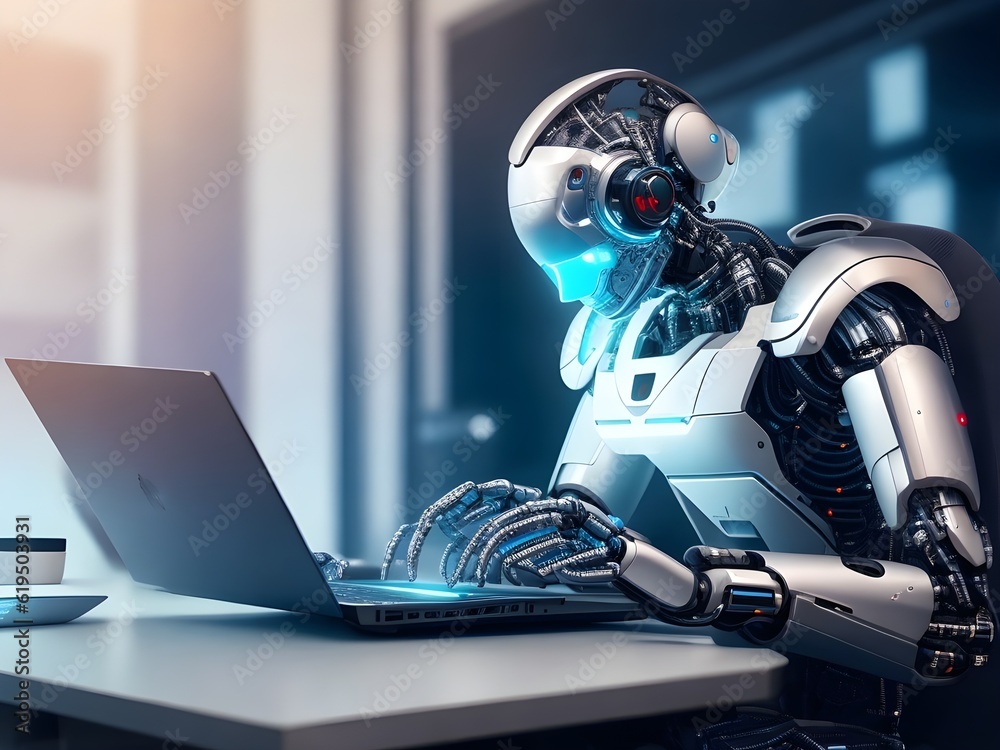 Artificial Intelligence robot handling the laptop in the server room ...