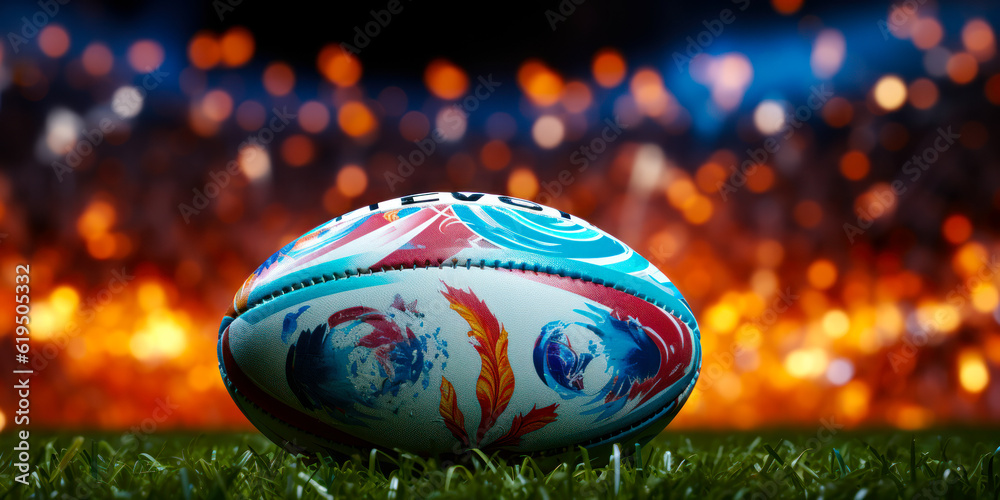 Global Rugby: Rugby Ball on Stadium Field with Bokeh Background at ...