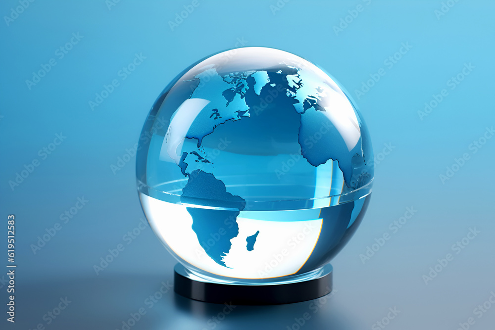Transparent glass globe on stand on blue background. Education concept ...