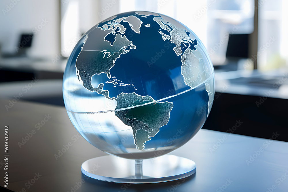 Transparent glass globe on stand on table on blue background. Education ...