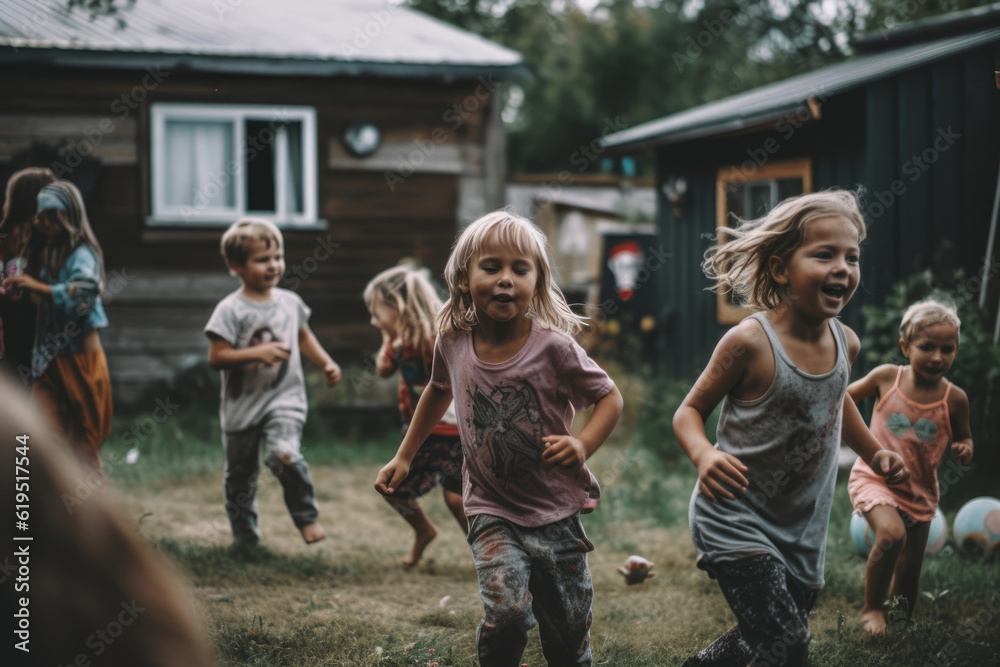 Generative AI illustration of joyful kids chasing each other while ...