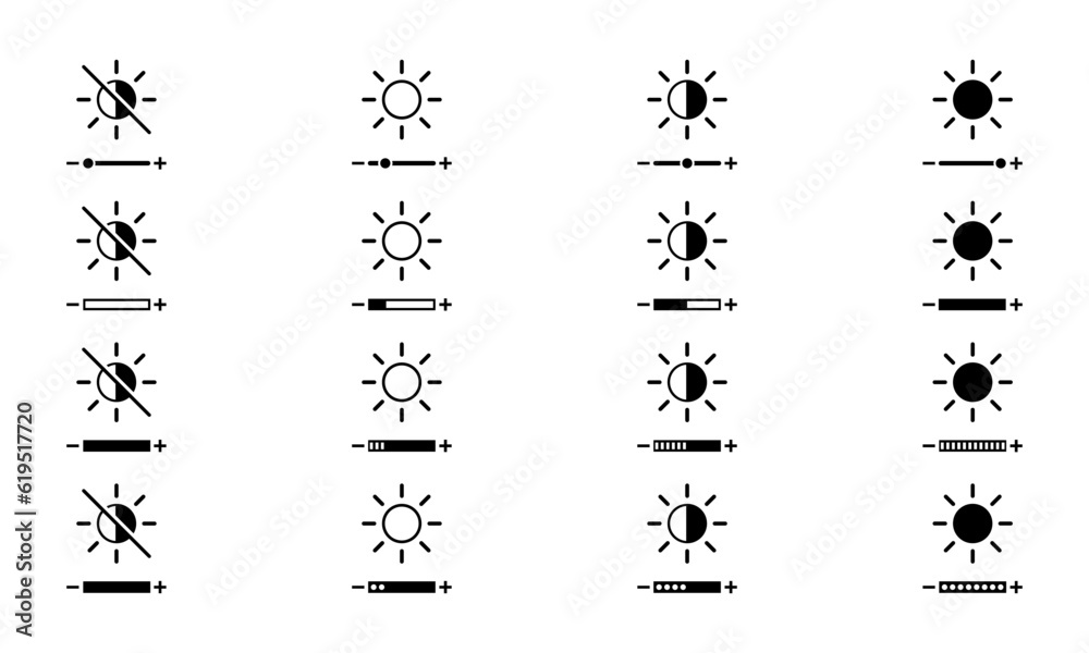 Set of brightness levels vector icons. Control brightness on screen ...