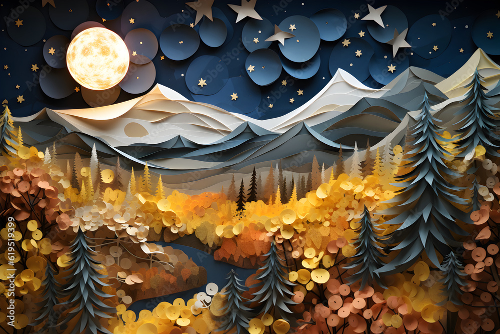Autumn forest, 3d paper cut illustration with beautiful landscape ...