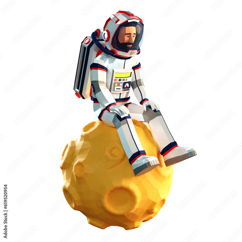 Sad astronaut in spacesuit sitting on the moon - cartoon isolated 3D ...