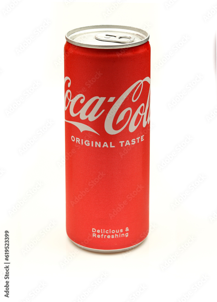 Coca Cola classic aluminum can packaging isolated on white background ...