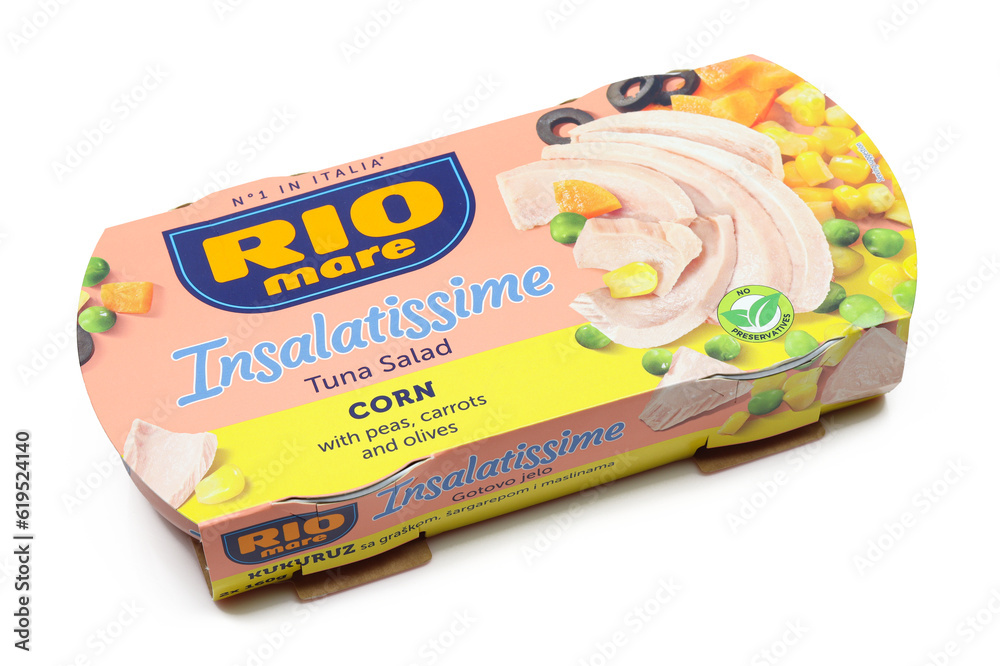 Rio mare Insalatissime Tuna salad corn double pack isolated on white ...