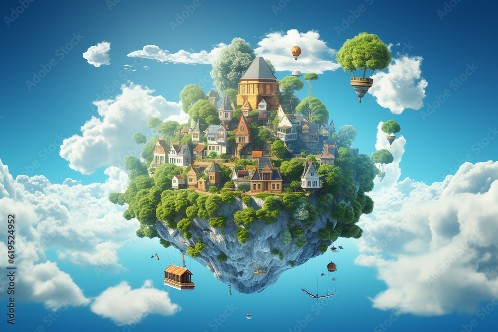 floating mini world, planet earth with tiny houses with tiny trees. AI ...