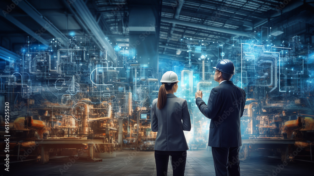 Digitalization of production: two industrial engineers use a tablet ...