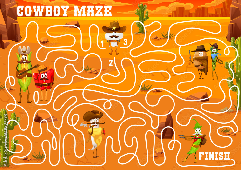 Poster Labyrinth maze game cartoon cowboy, sheriff and bandit vegetable ...