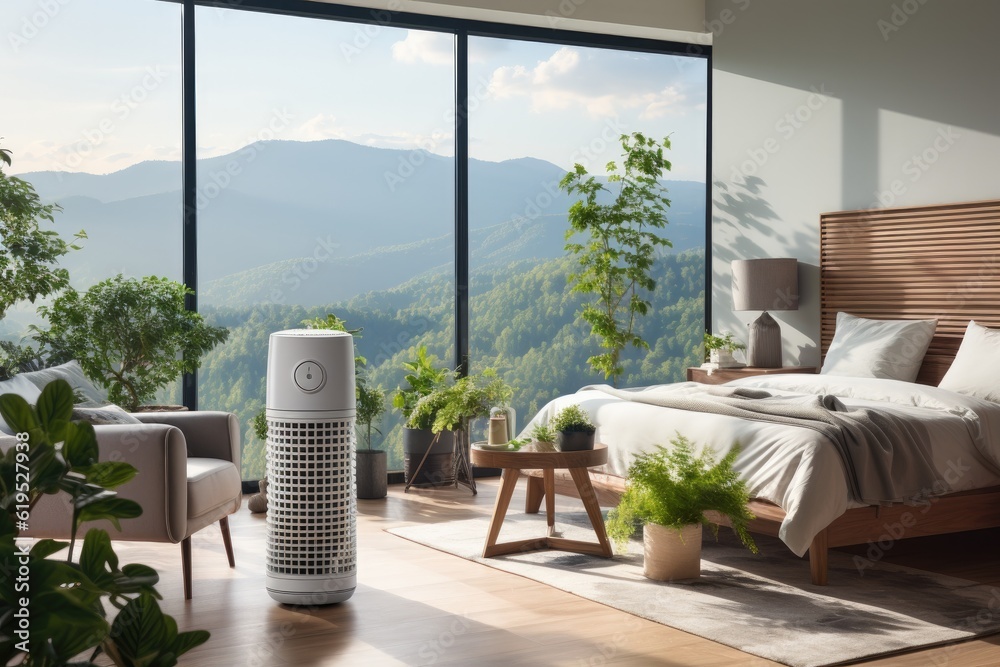 Air purifier in cozy bed room for filter and cleaning removing dust PM2 ...