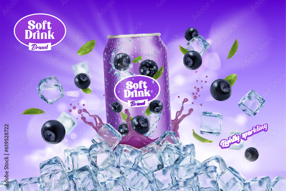 Vetor de Blueberry drink can and ice cubes. Juice splash, berry ice ...