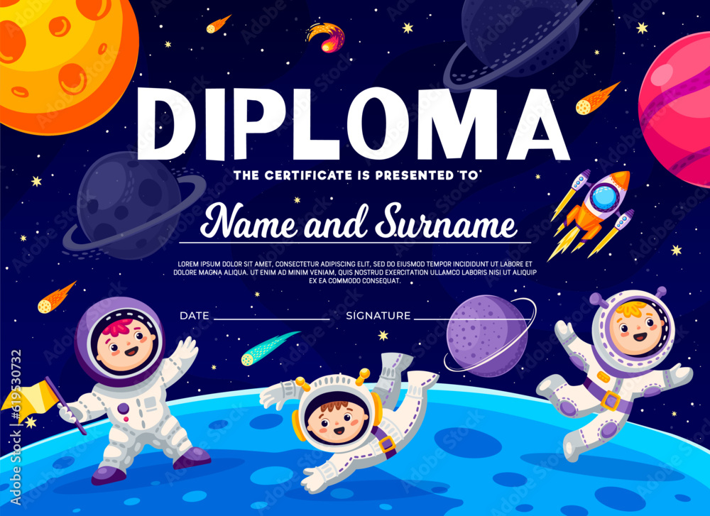 Kids astronaut diploma. Cartoon boys and girl astronauts on space ...
