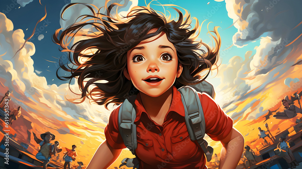 Young Girl in Red Running Towards the Camera with Grey Backpack, in ...