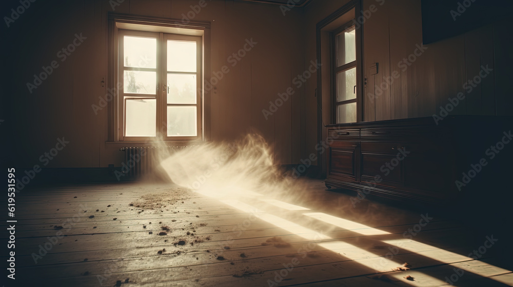 Dusty room with old distressed windows and sun rays. Abandoned grungy interior with lights in ...