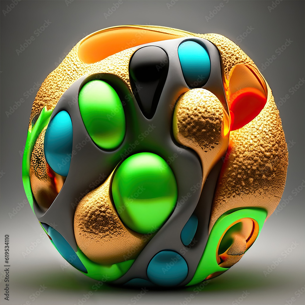 an abstract 3D object with with amorphous forms made from glass, bright ...