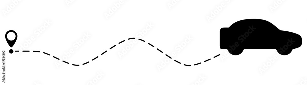 Car route with location pin icon. Automobile silhouette driving on ...