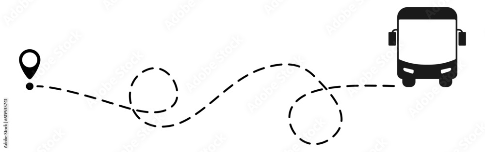 Bus route with location pin. Public transport silhouette driving on ...