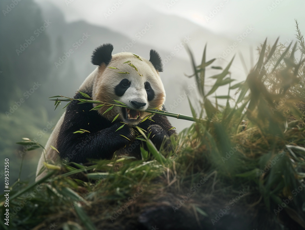 A detailed, real - life image of a giant panda munching on bamboo ...