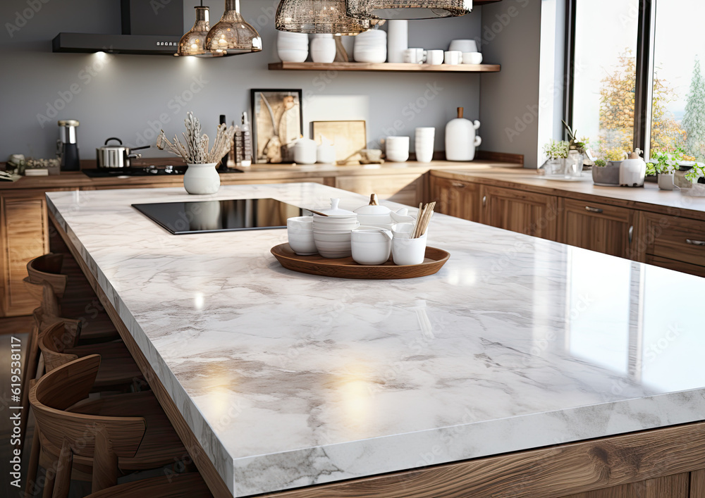 Kitchen with white marble countertops in ultra-realistic Scandinavian ...