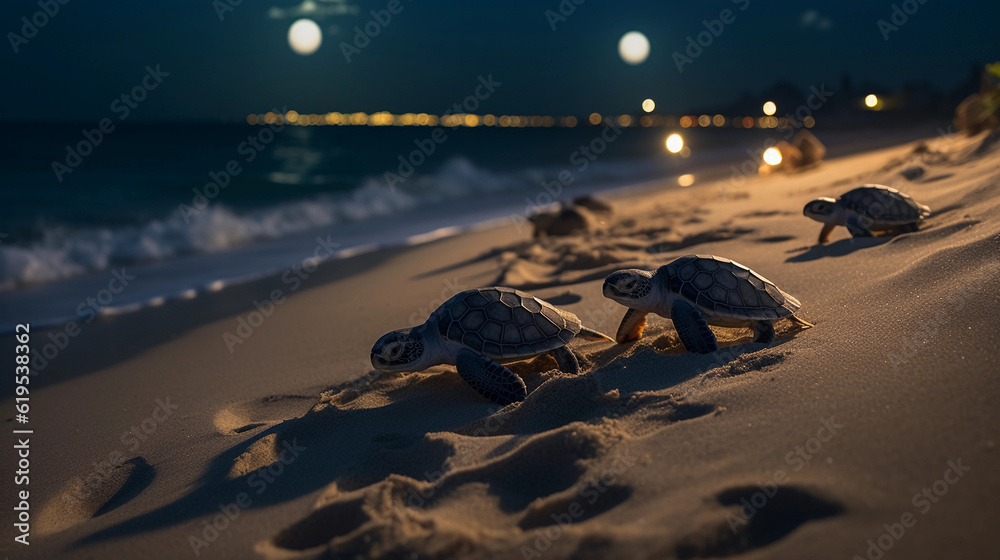 An evocative, photorealistic picture of baby turtles hatching on a ...