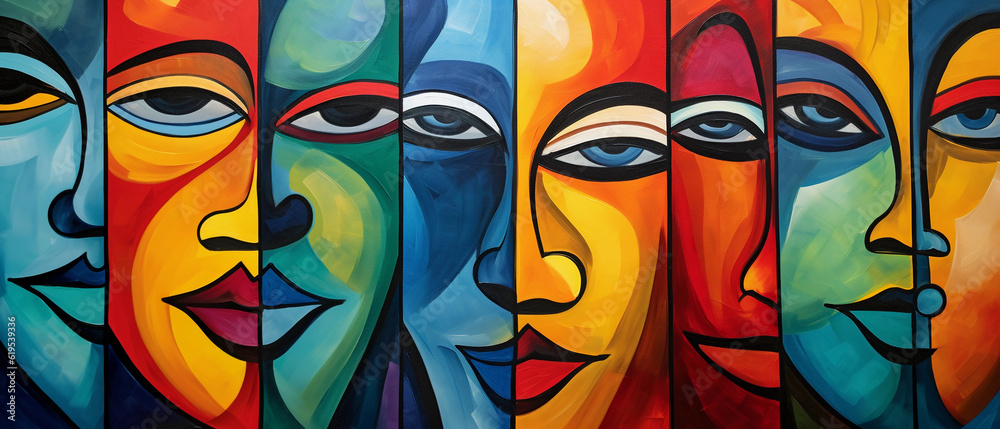 Digital cubism, array of human faces pieced together, each face encoded ...