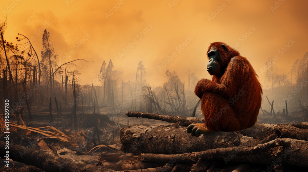 Photorealistic image of deforestation impact, a solitary orangutan in ...