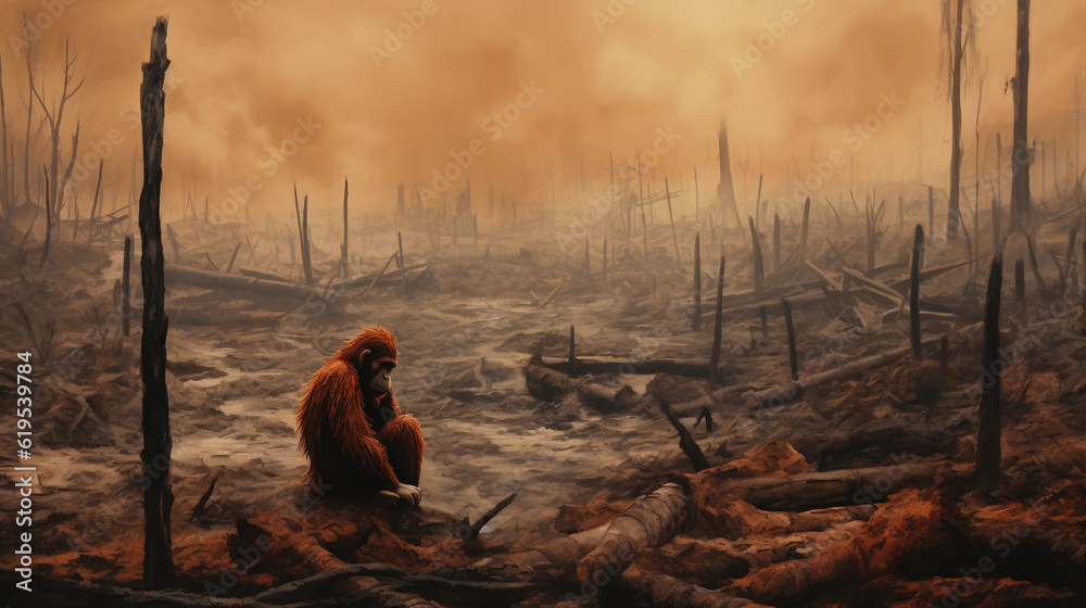 Photorealistic image of deforestation impact, a solitary orangutan in ...