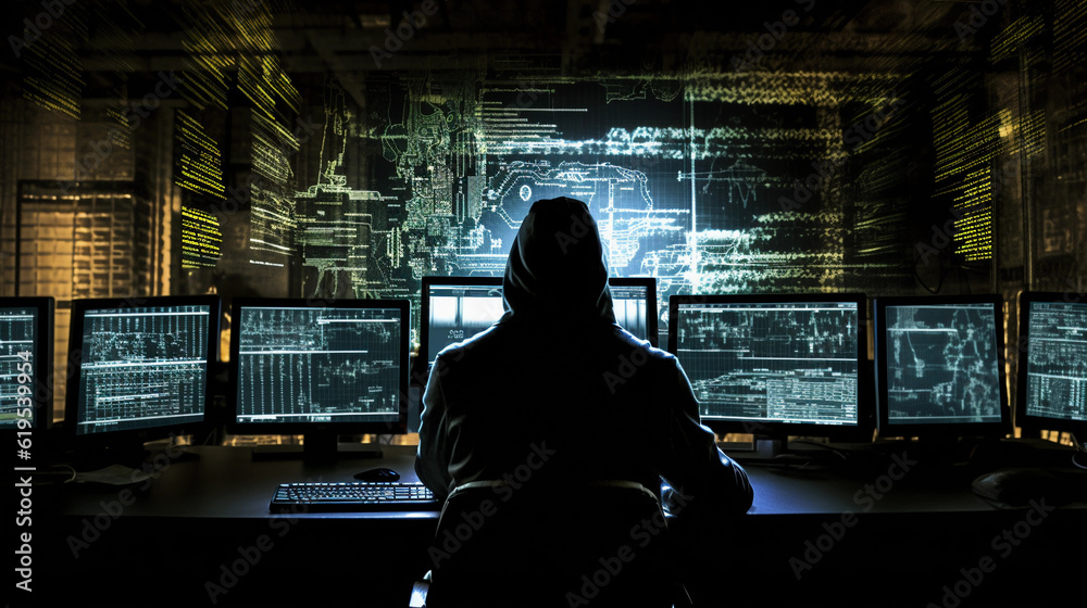 Silhouette of a hacker in a dark room, illuminated only by lines of ...