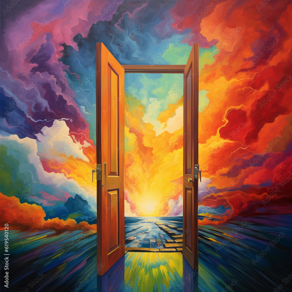 Surrealist depiction of coming out, closed door opening into a rainbow ...