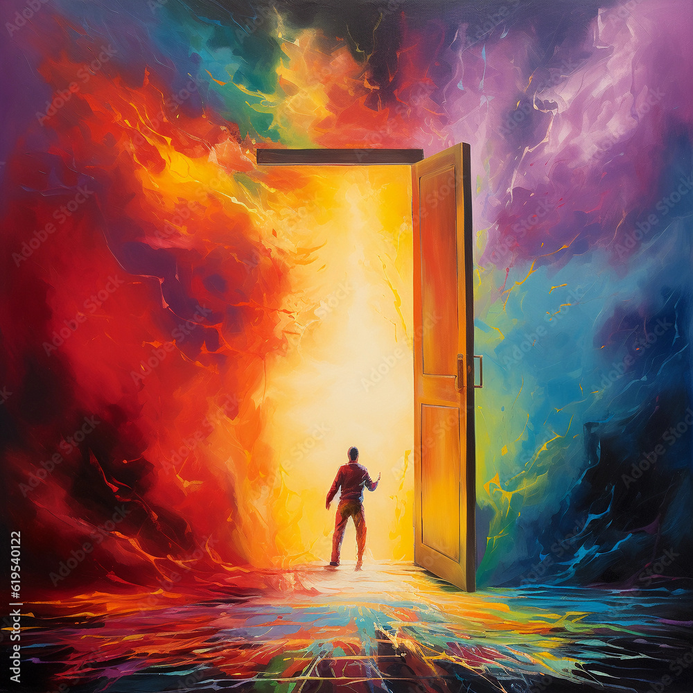 Surrealist depiction of coming out, closed door opening into a rainbow ...