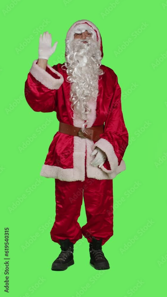 Vertical video Front view of christmas embodiment character shows palm ...