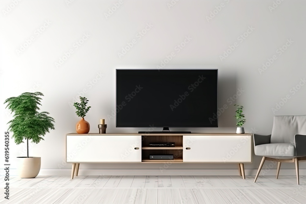 Television put on tv stand wood table, in minimal empty space living ...