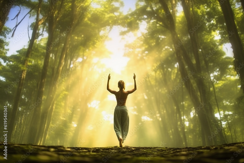 Yoga in forest, woman practicing tree pose, natural, lush green ...