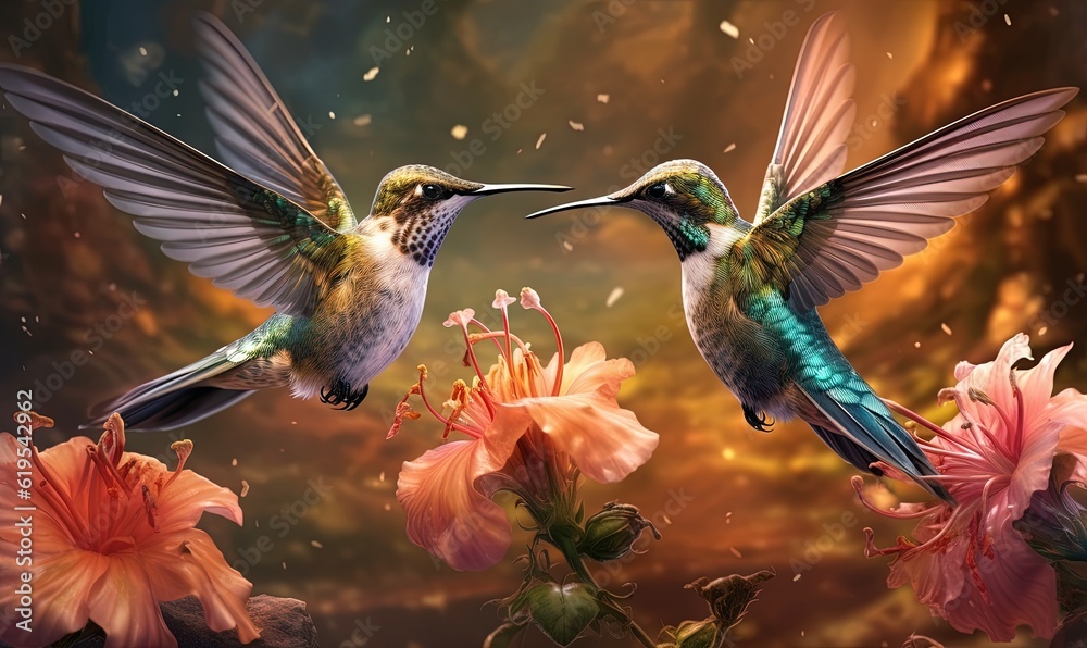 two hummingbirds are touching beaks with their beaks. generative ai ...