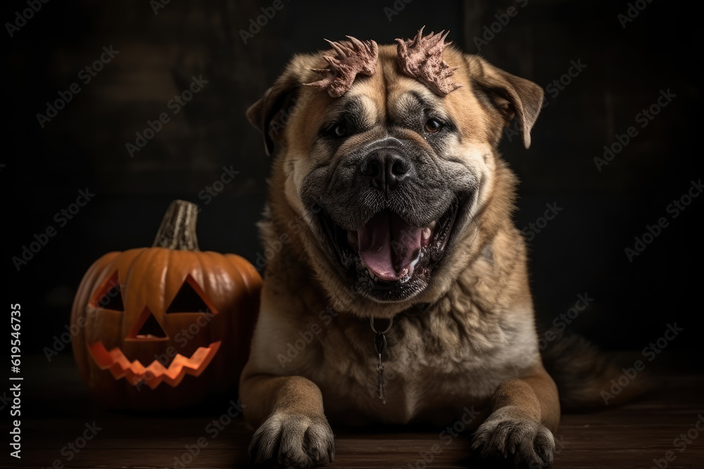 Angry growling dog with horns and fangs, scary Halloween concept with ...