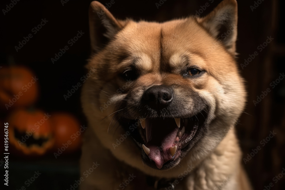 Angry growling dog with big fangs, scary Halloween concept with pets ...