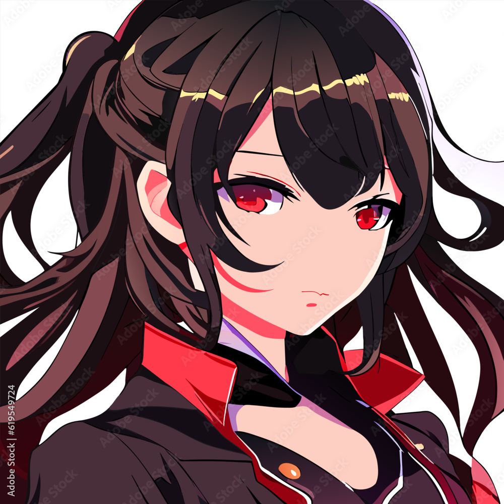 sad, beautiful anime girl with brown hair and red eyes Stock Vector ...