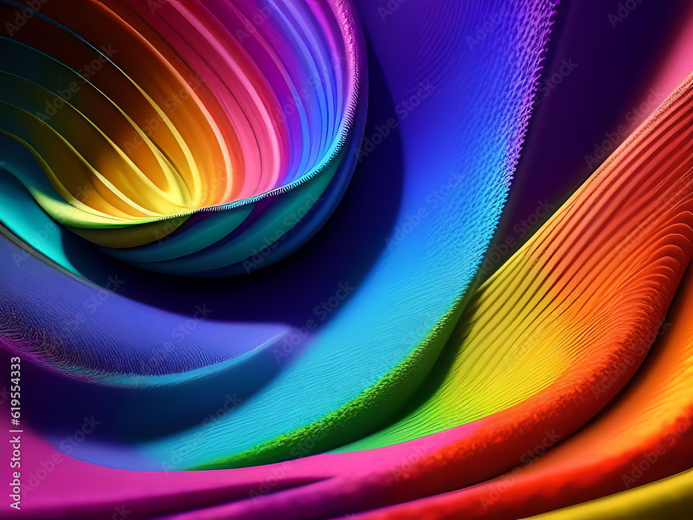 This abstract illustration of rainbow-colored waves features a ...