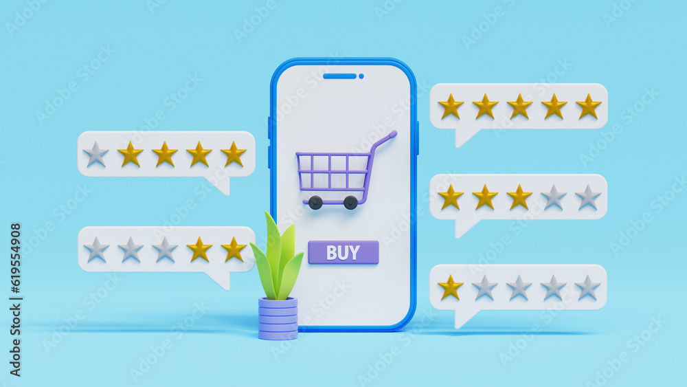 Rate online store mobile app concept. 3d smartphone with shopping cart ...