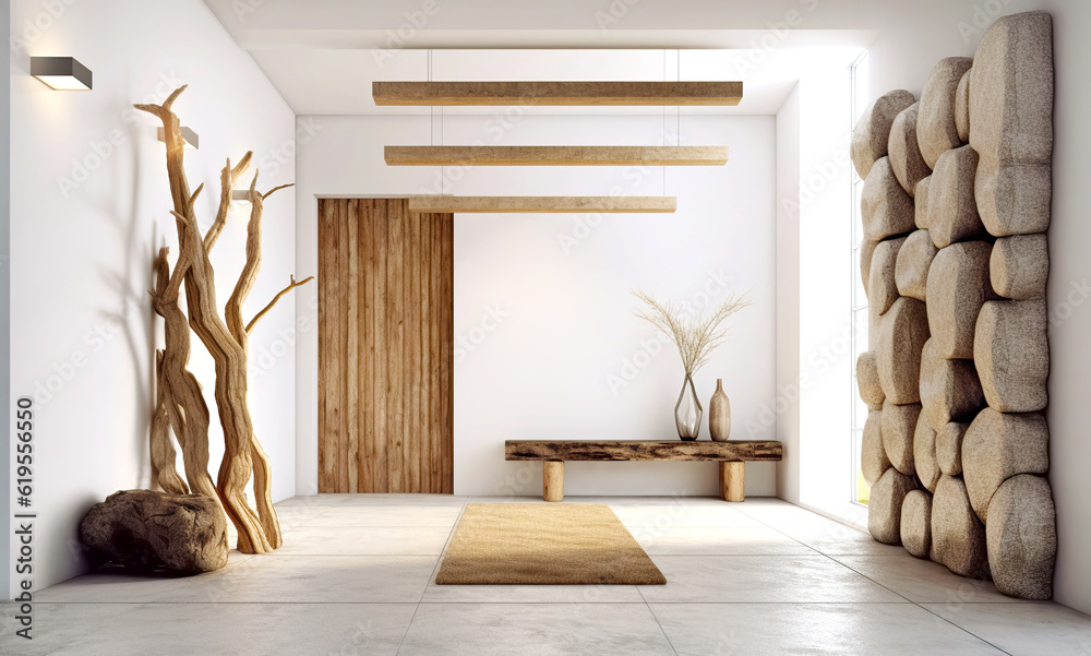 Wild stone cladding wall and wooden bench. Decorative tree trunks ...