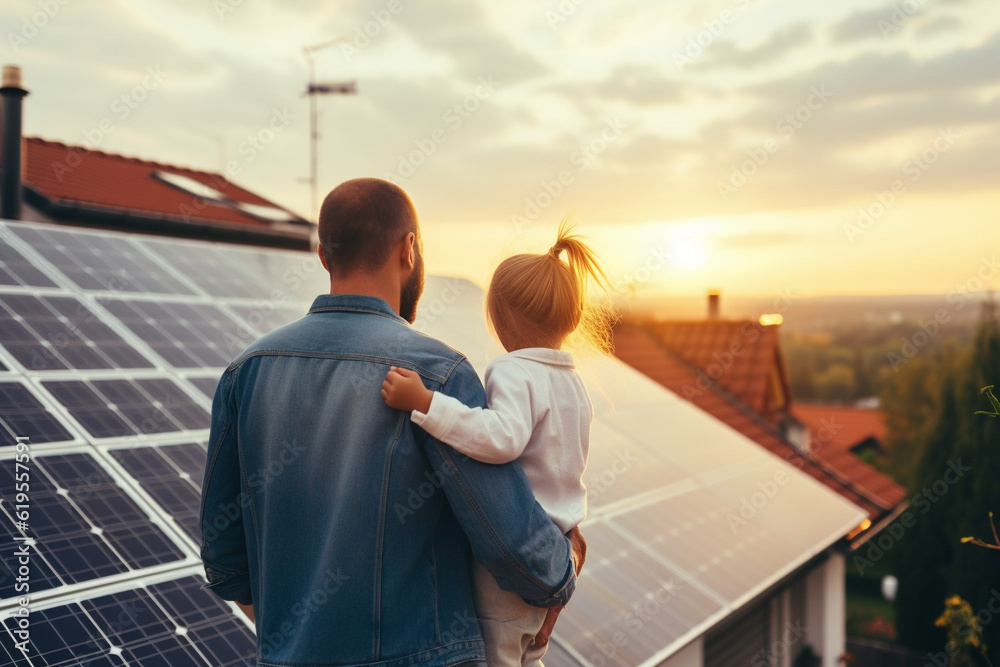Dad and daughter are standing near the house with installed solar ...